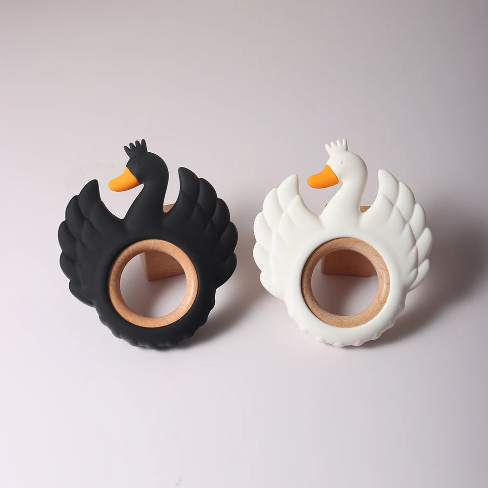 Swan Silicone Teether with Wooden Ring | Food-Grade Baby Teething Toy